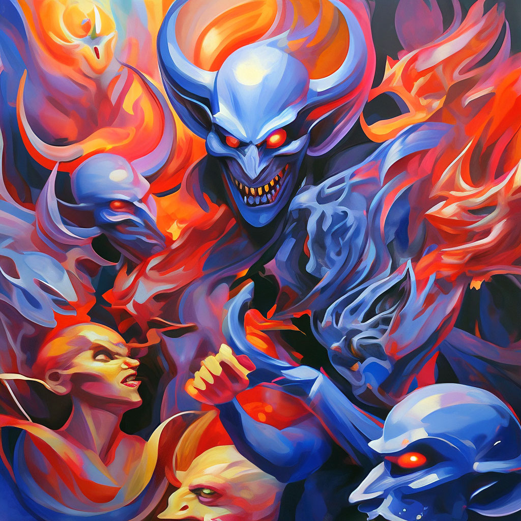 "Demons on TV. ....... . . acrylic impressionism canvas , multi-figure ...