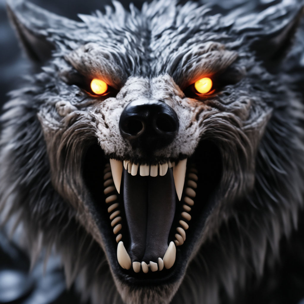 "Gray wolf teeth click, creep werewolf, glowing pupils, gothic, horror ...