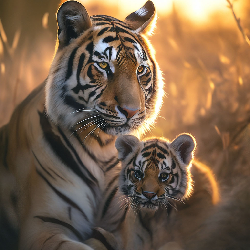 "A tigress hides cubs , fluffy fur . aesthetically pleasing, beautiful ...