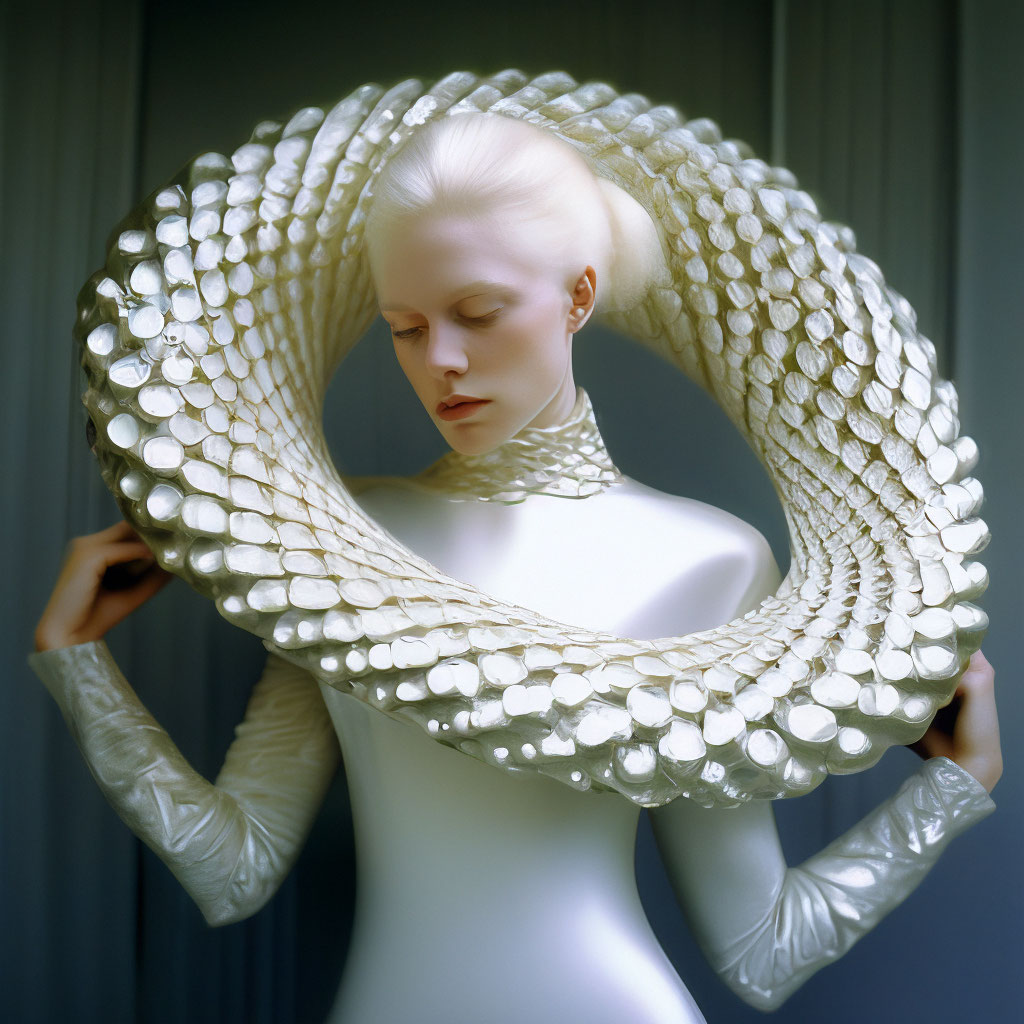 "Young very beautiful albino woman voluminous convex ornament made of ...
