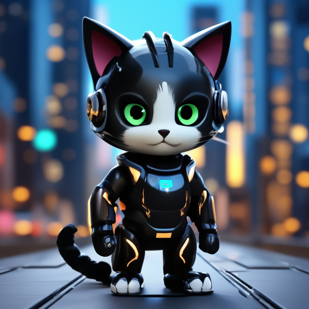 "A character in the 2380 video game. cyber cat cute cute, black color ...