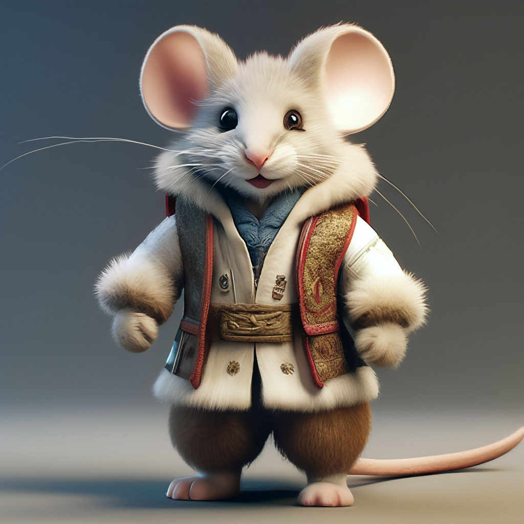 "A creaky fluffy funny mouse in an Animus costume stands at full height ...