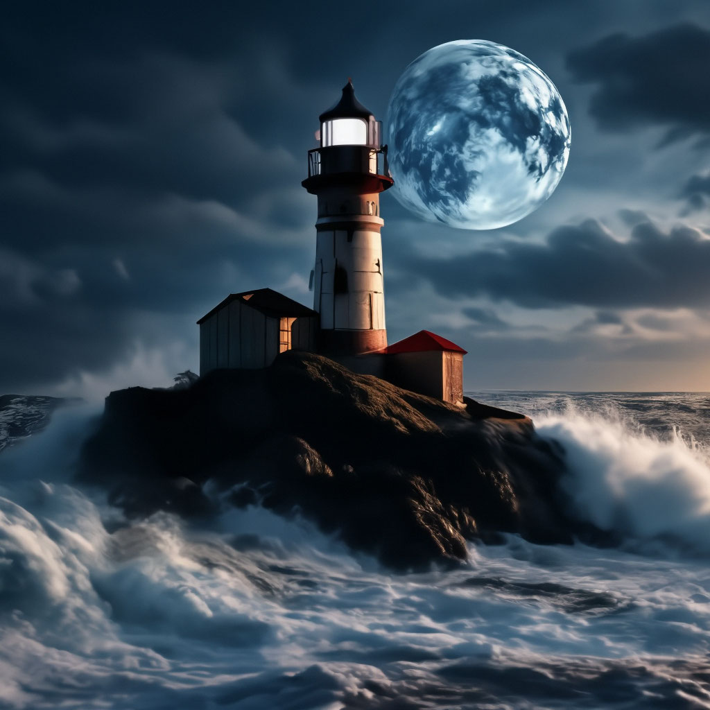 "A lonely lighthouse on an island in the midst of a raging ocean, a ...