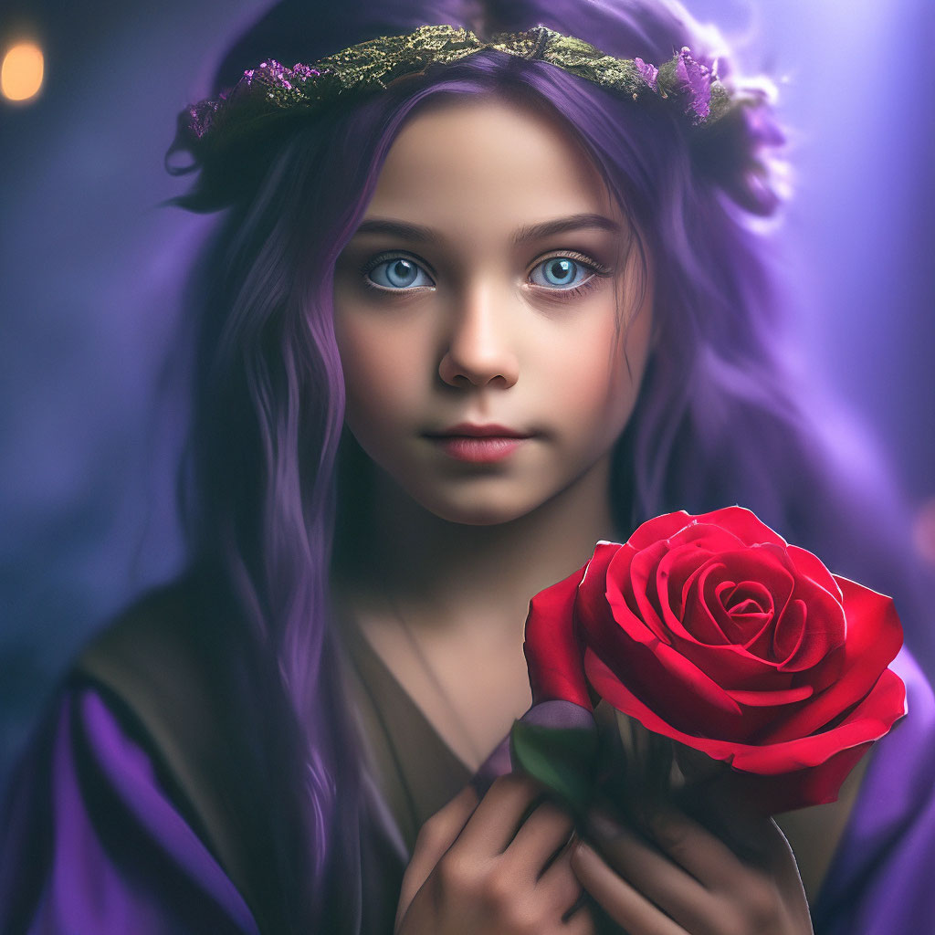 "Cute druid with big purple eyes holds a red rose in his hands, peace ...