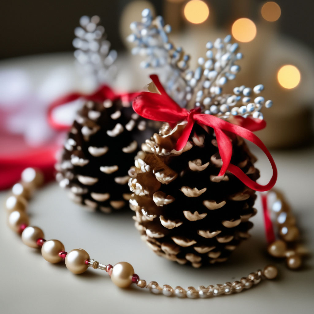 "Between the scales of a pine cone pearls, a cone decorated with pearls ...