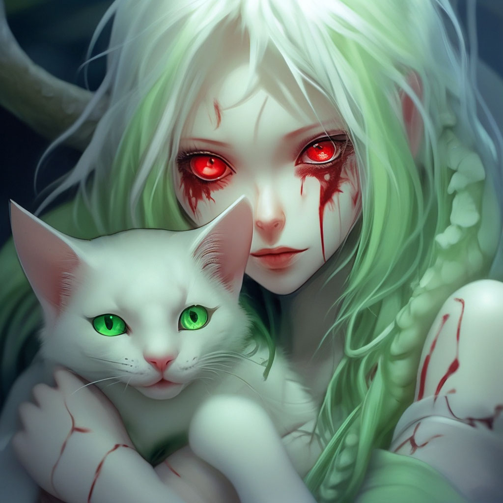 "Zombie anime girl. white eyes, green skin, thoughtful gaze, albino ...