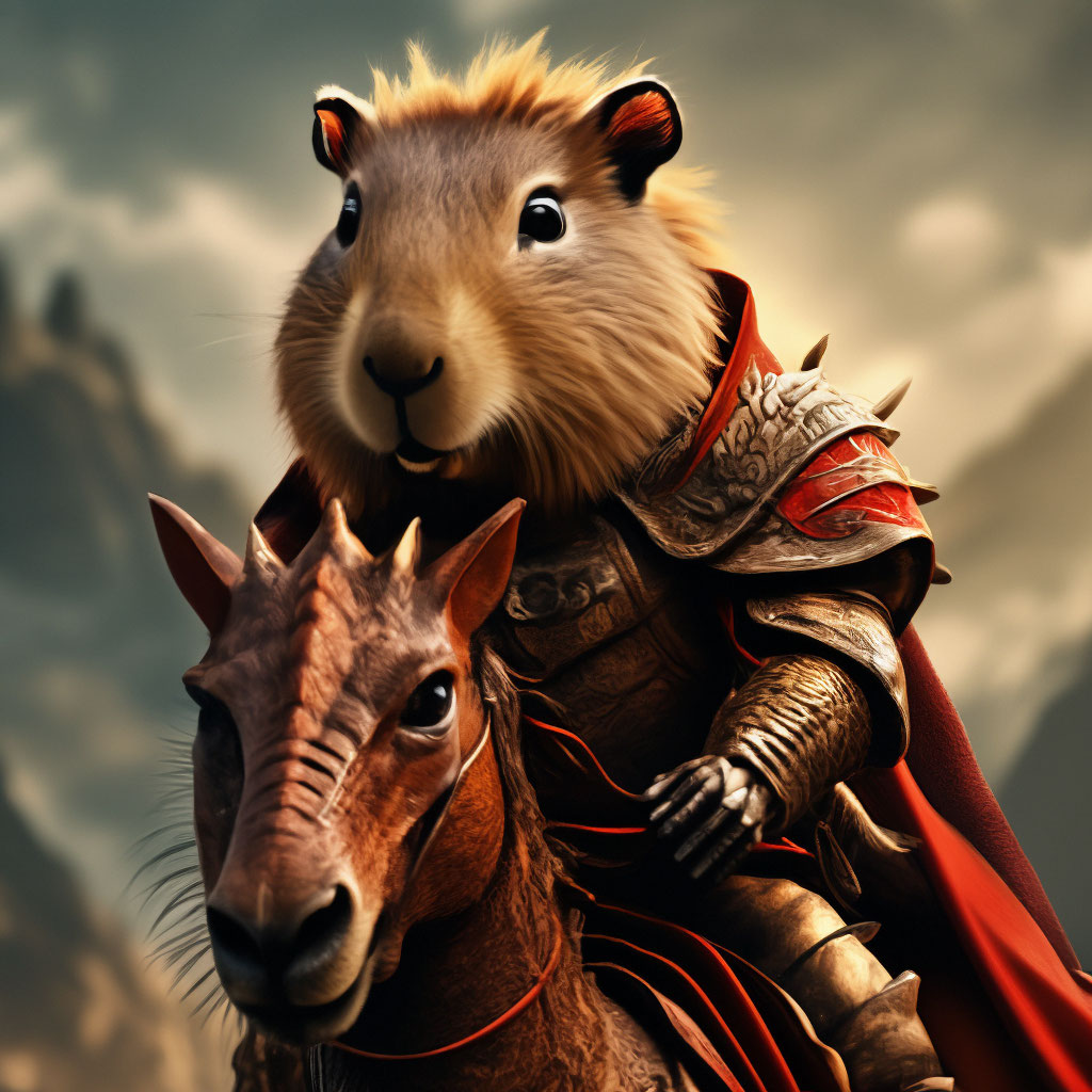 "A capybara on a horse that is on a dragon" — image created in Shedevrum