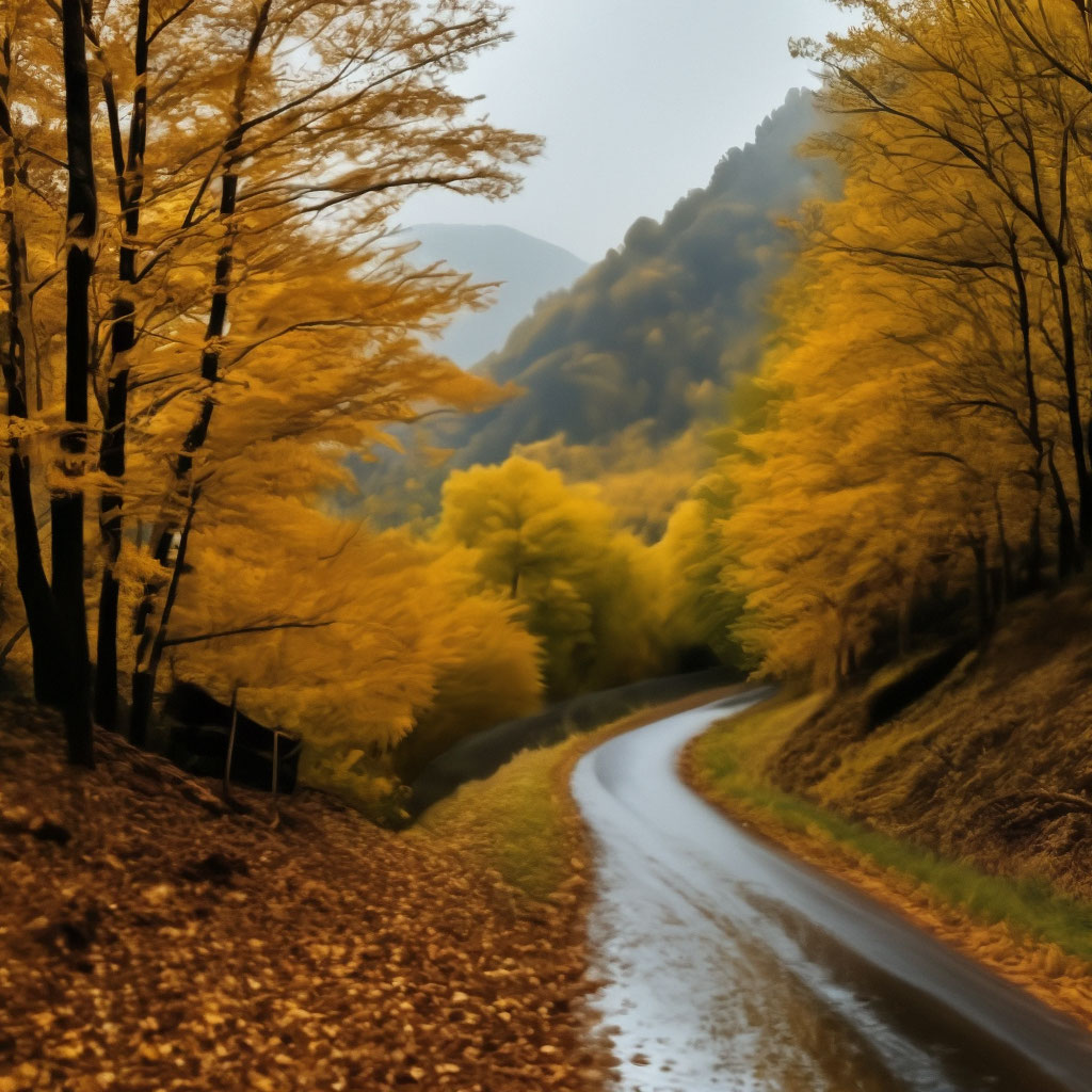 "Autumn landscape drizzling rain mountains trees yellow leaves path ...