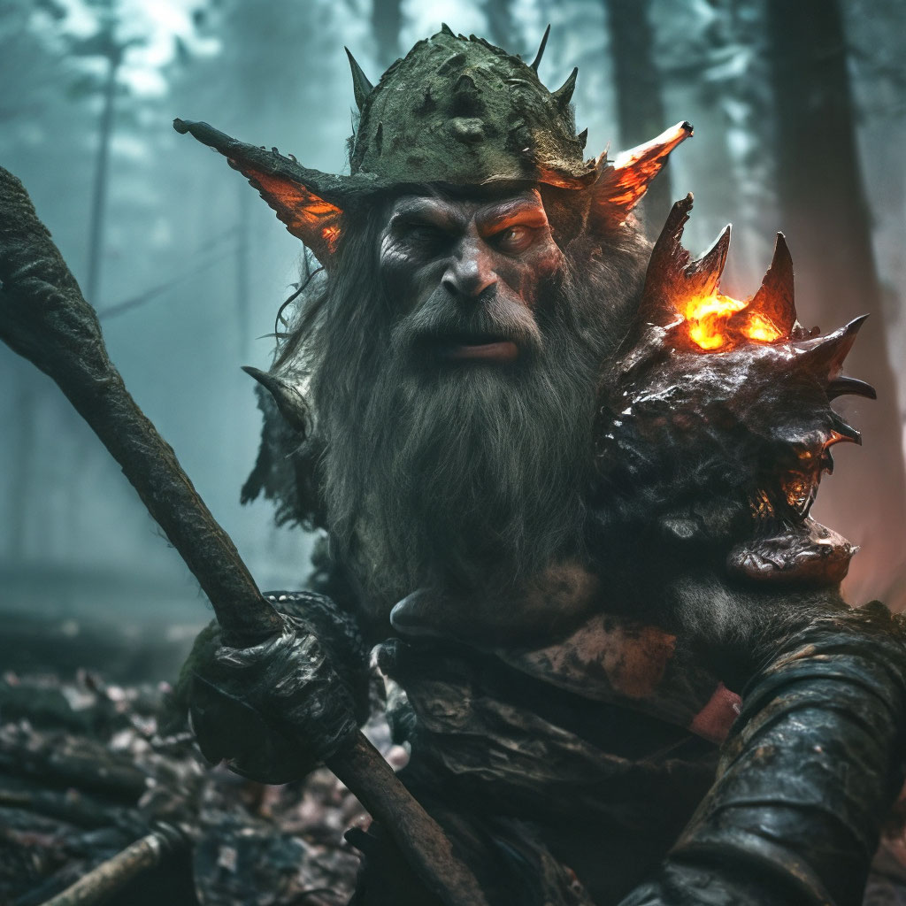 "A goblin with a beard in wooden armor with a club in his hand against ...