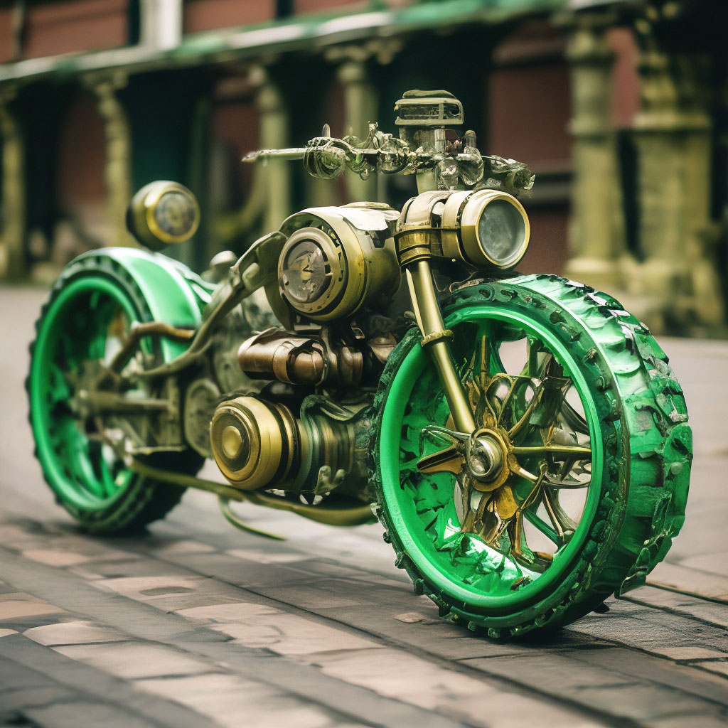 "Orandezhevy motorcycle bike with pinched green wheels in steampunk ...