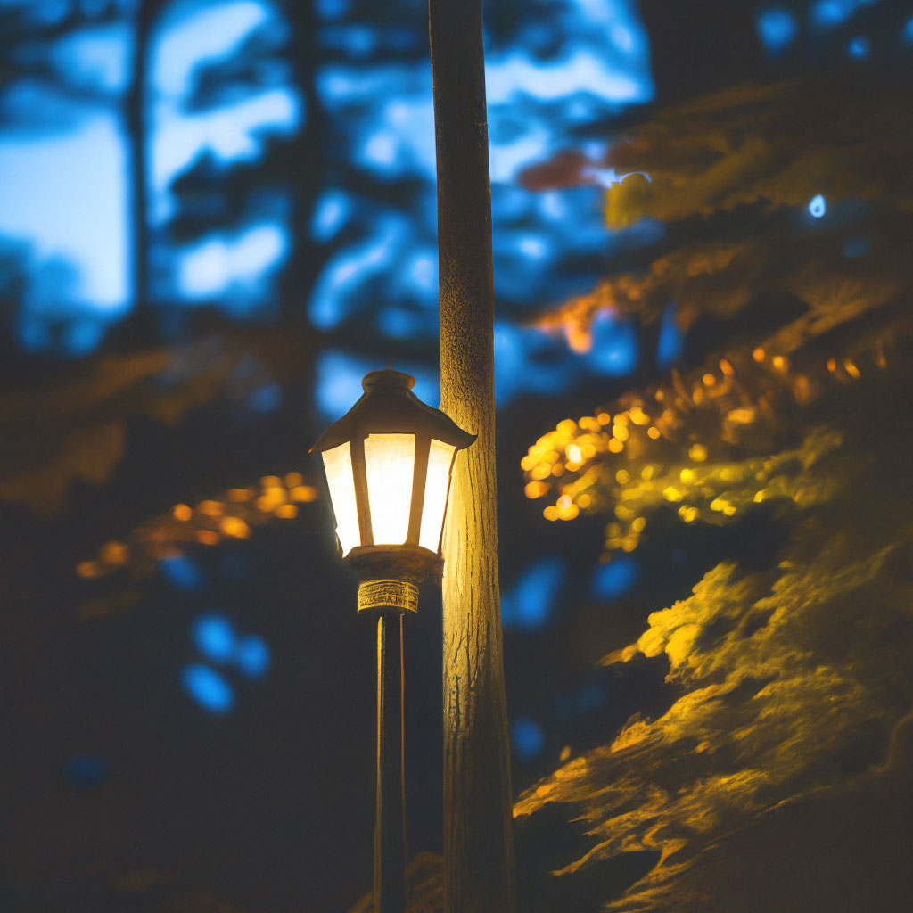 "Night, dark around, darkness, lantern on a pole, minimalistic side ...