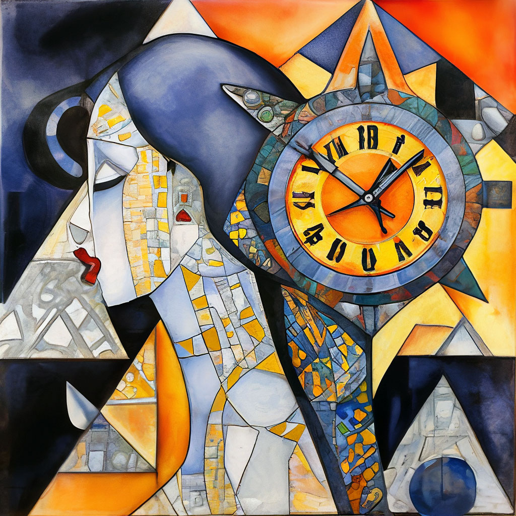 "Girl and clock, Dadaism, engraving, ink, watercolor, acrylic, cubism ...
