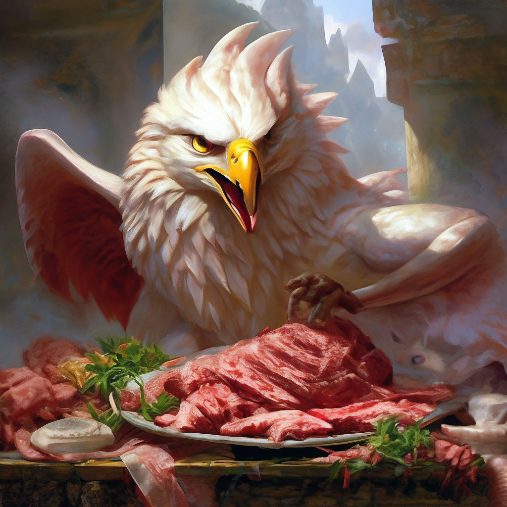 "The griffin tears meat with its beak" — image created in Shedevrum