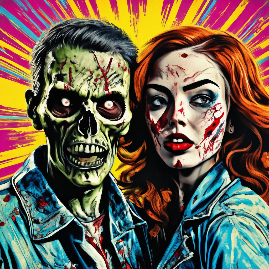"Pop art image of zombies in bright colors, with elements of retro ...