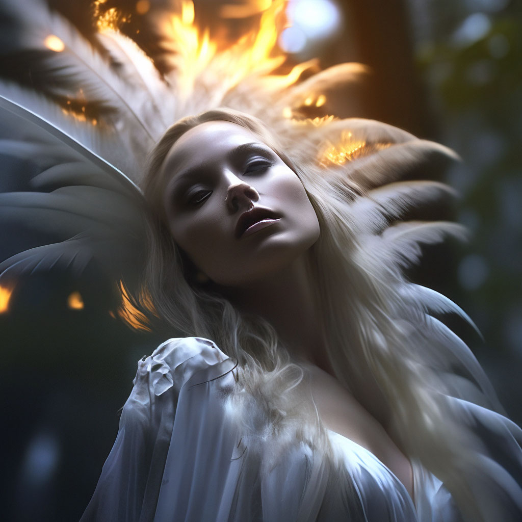 "Hyperrealism,horror ,,Beautiful,,,White Feather ,,,it's on fire ...