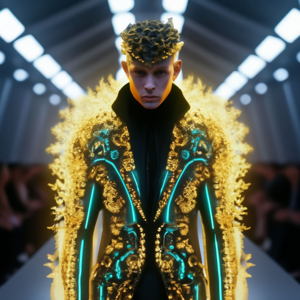 "Fashion show, on the catwalk an athlete guy in a suit made of p atoms ...