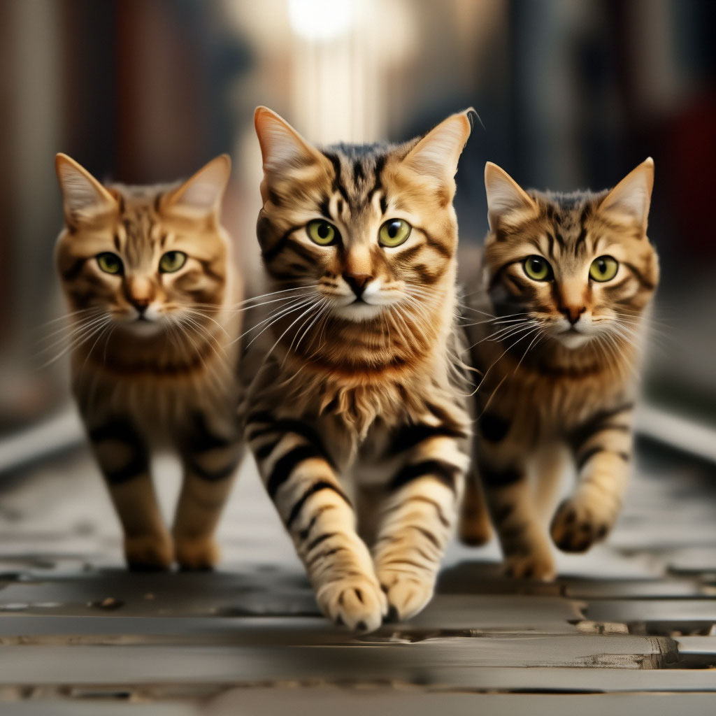 "Three cats running forward, aesthetically pleasing, beautiful ...