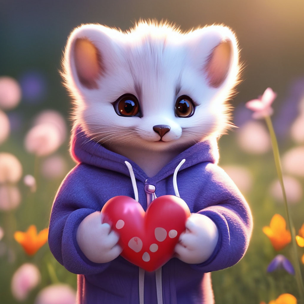 "Realistic cute fluffy ermine in a hoodie, holding a heart on a flower ...