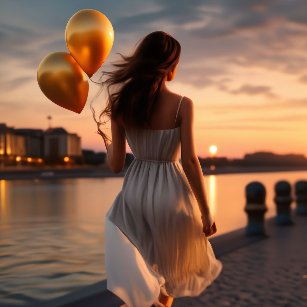 "A girl in a light dress, walking along the embankment, balloons in her ...