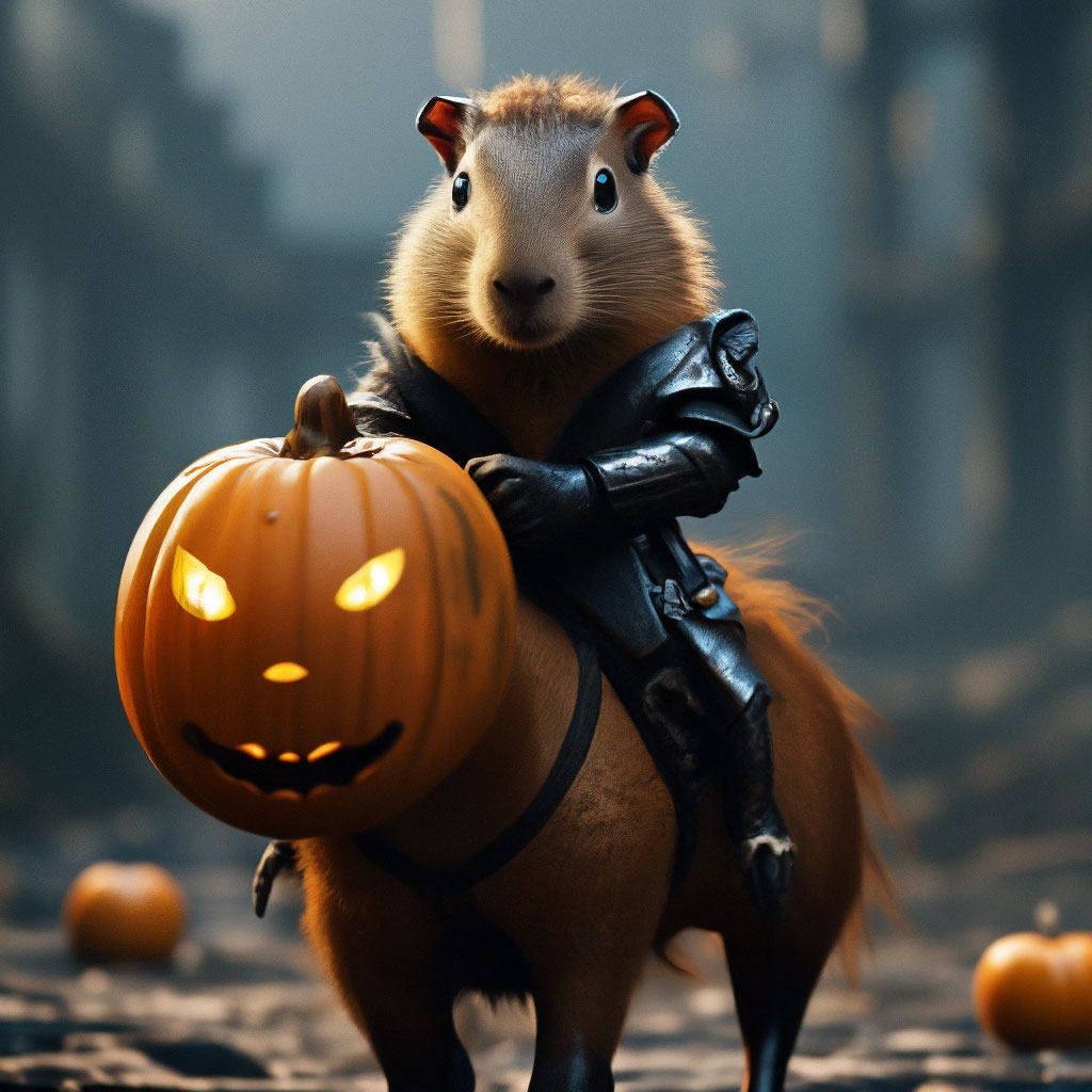 "Capybara riding a horse with a pumpkin in its paws" — image created in ...