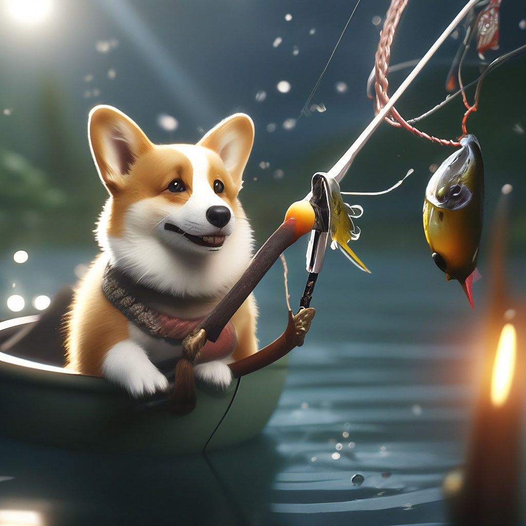 "🎣 fish on a hook Corgi fishing, Corgi with tuna on a fishing rod, cgi ...