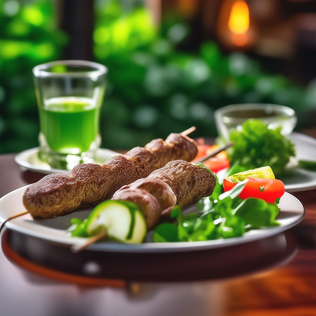 "Lavash, juicy kebab, green tea , professional photo, aesthetically ...
