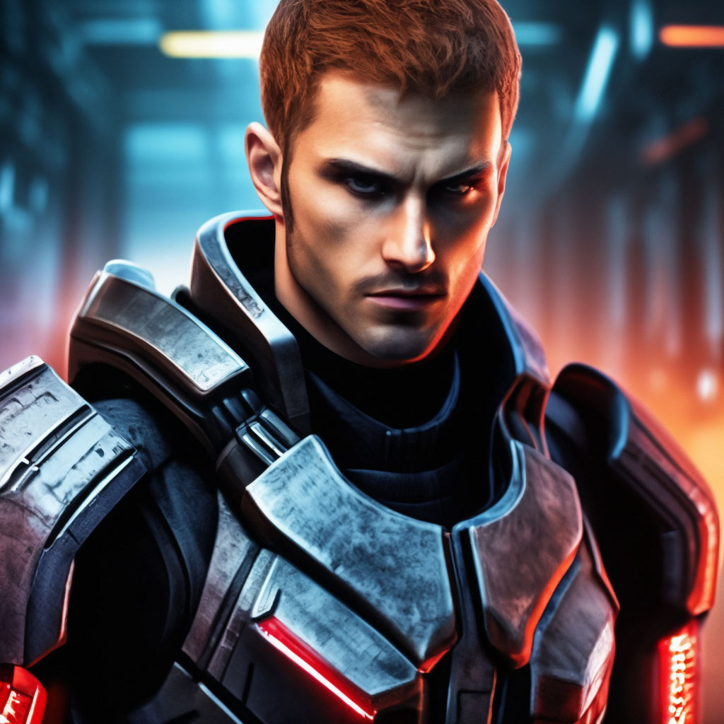 "Mass effect male Shepard bodybilder" — image created in Shedevrum