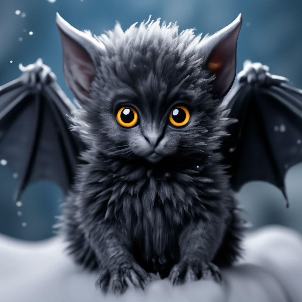 "Hyperrealism a small black cute fluffy fur baby gargoyle with wings ...