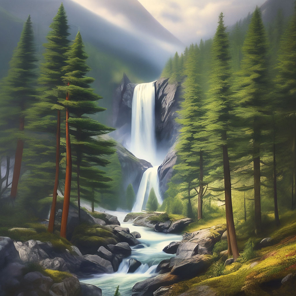 "Pine forest, mountain, waterfall" — image created in Shedevrum