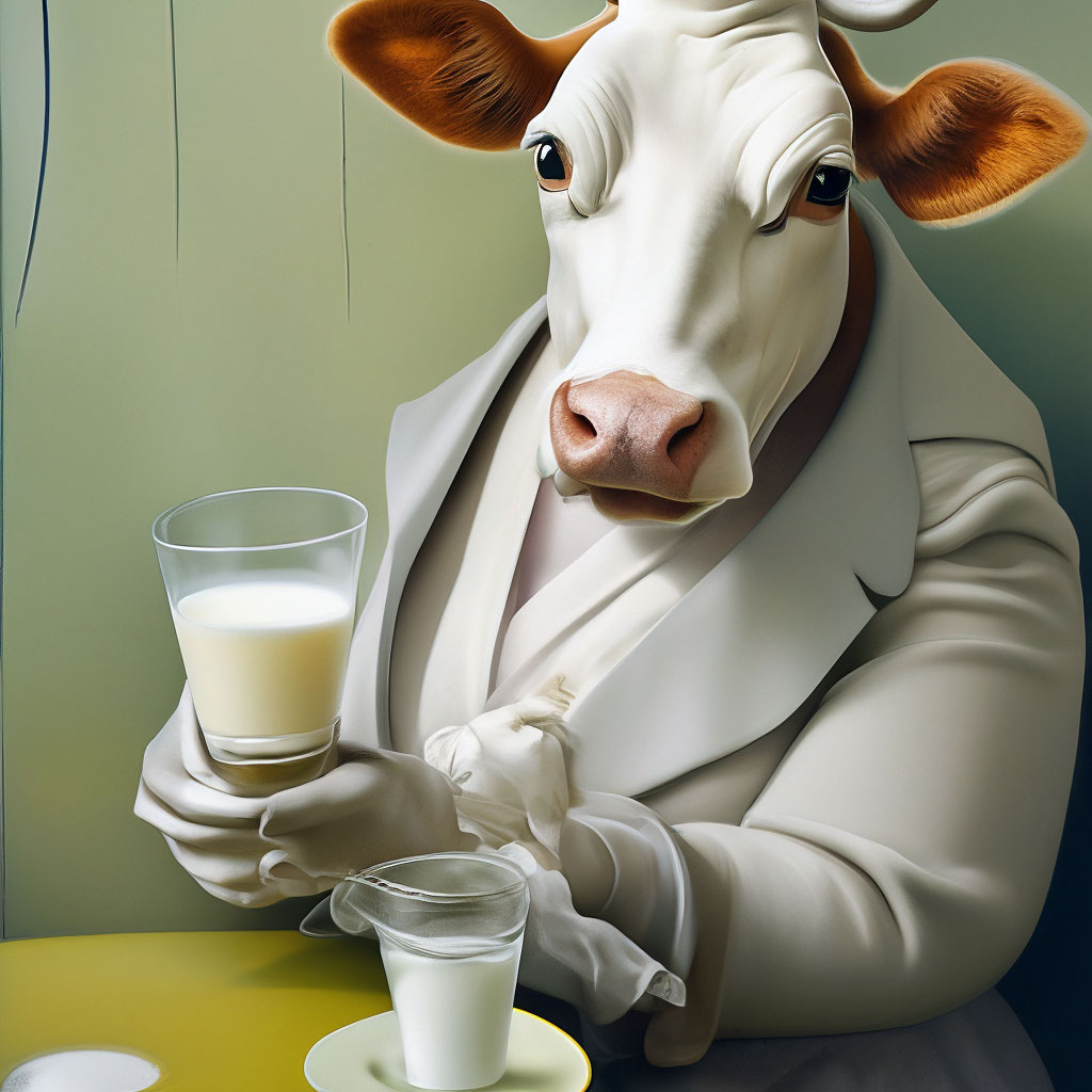 "Anthropomorphic plump cow in a dress drinks milk from a glass" — image ...