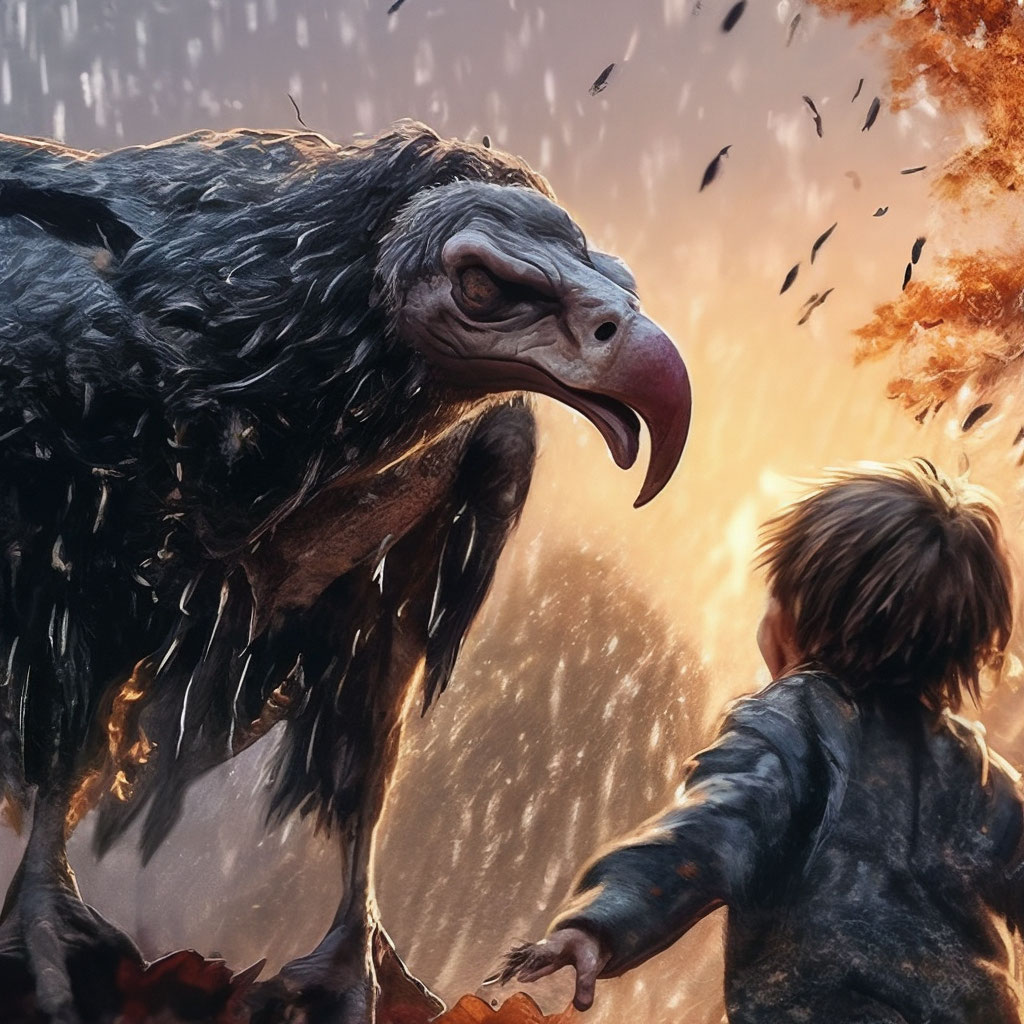 "Fear of animals A huge vulture is seen from the back, flying towards ...