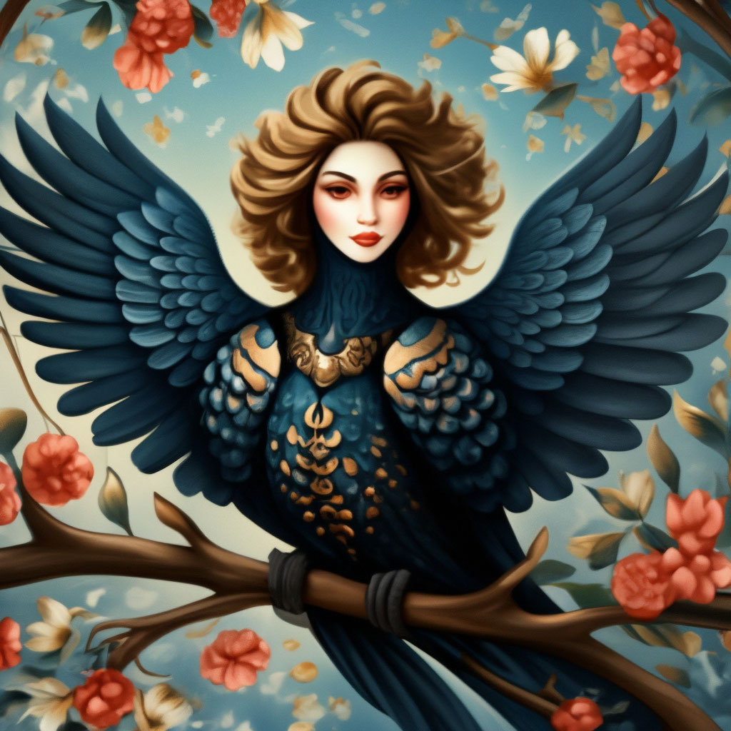 "Anthropomorphic female bird Alkonost sits on a branch, in the style of ...