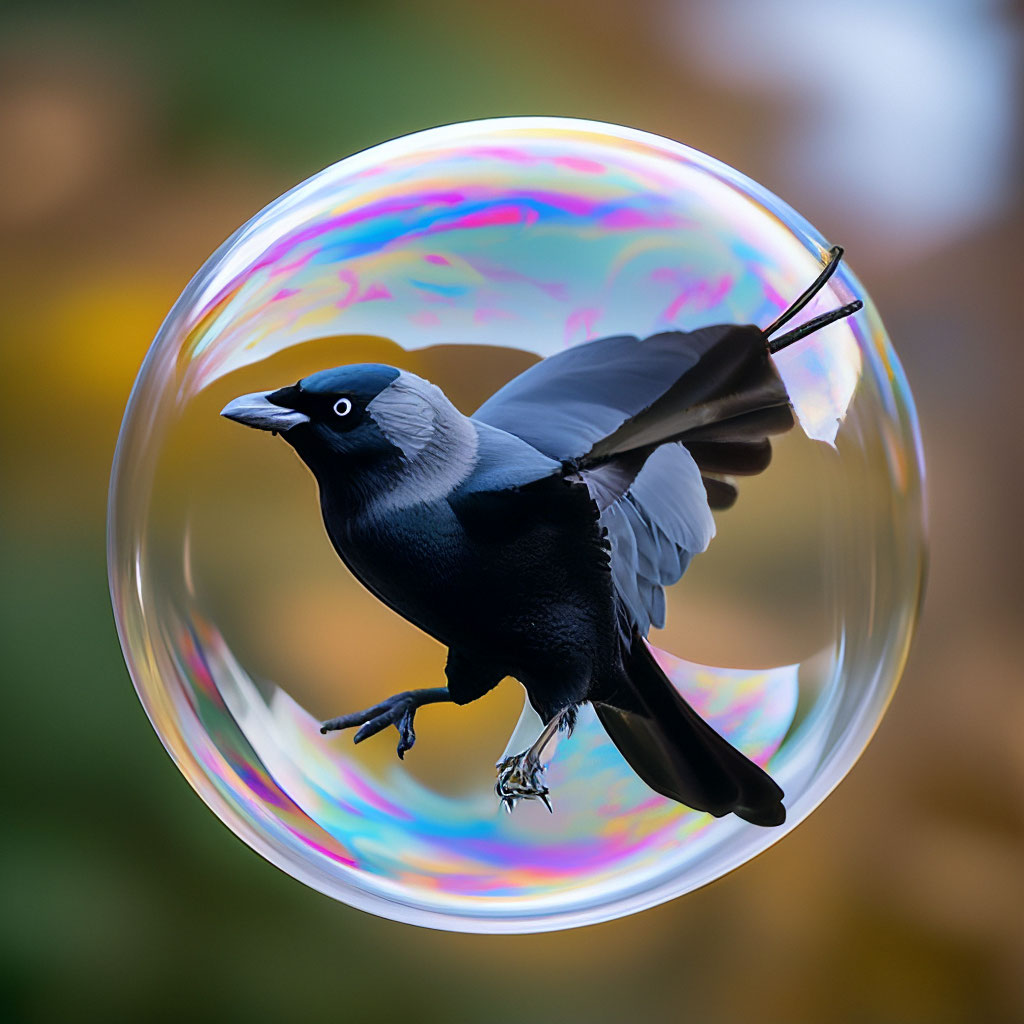 "A black Jackdaw in a soap bubble inside a soap bubble is flying ...