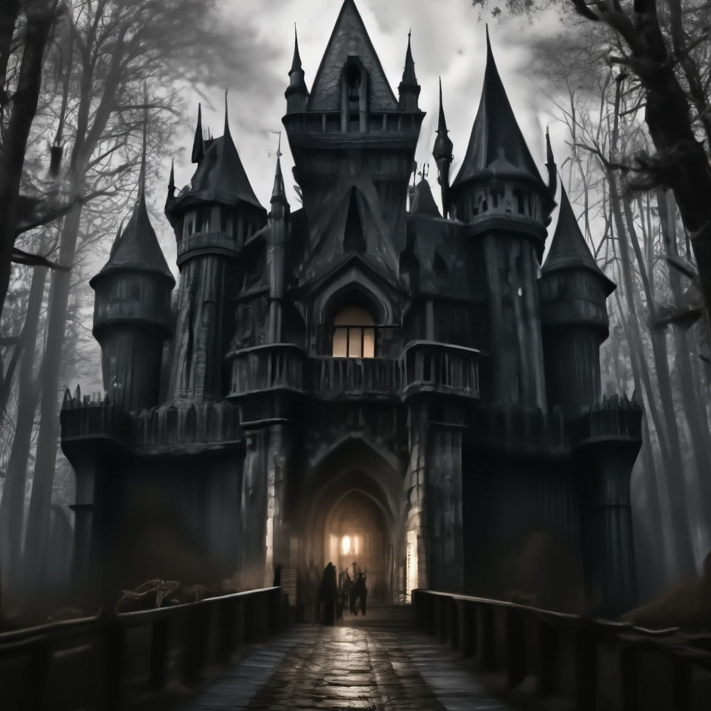 "Dark sinister castle with vampires inside in a dark dark forest ...