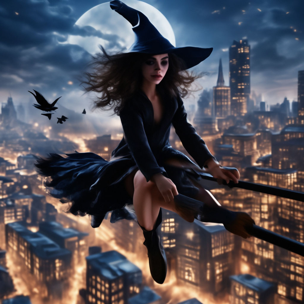 "Witches fly through the night city" — image created in Shedevrum