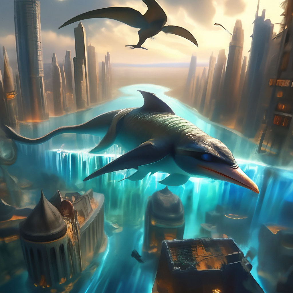 "Dolphin-pteryx. flooded metropolis" — image created in Shedevrum