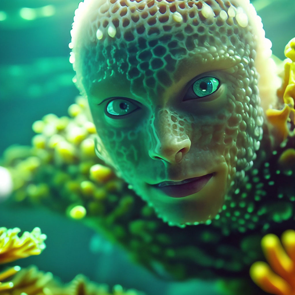 "Amphibian man with scaly transparent skin and light green eyes in the ...