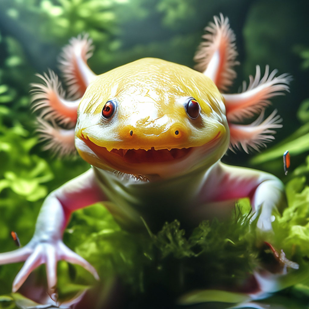 "Realistic axolotl eats flies, hyperrealism" — image created in Shedevrum