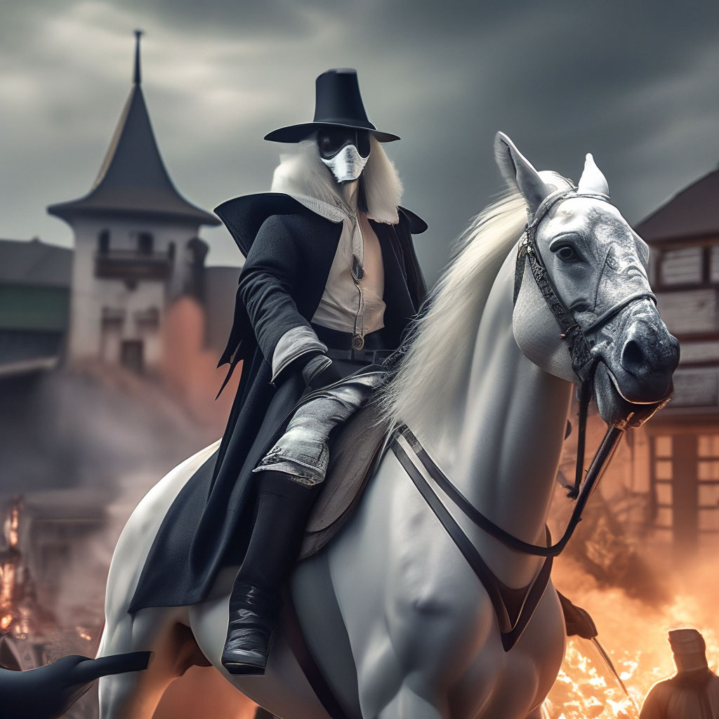 "Realistic, plague doctor in a white mask with a long sharp beak nose ...