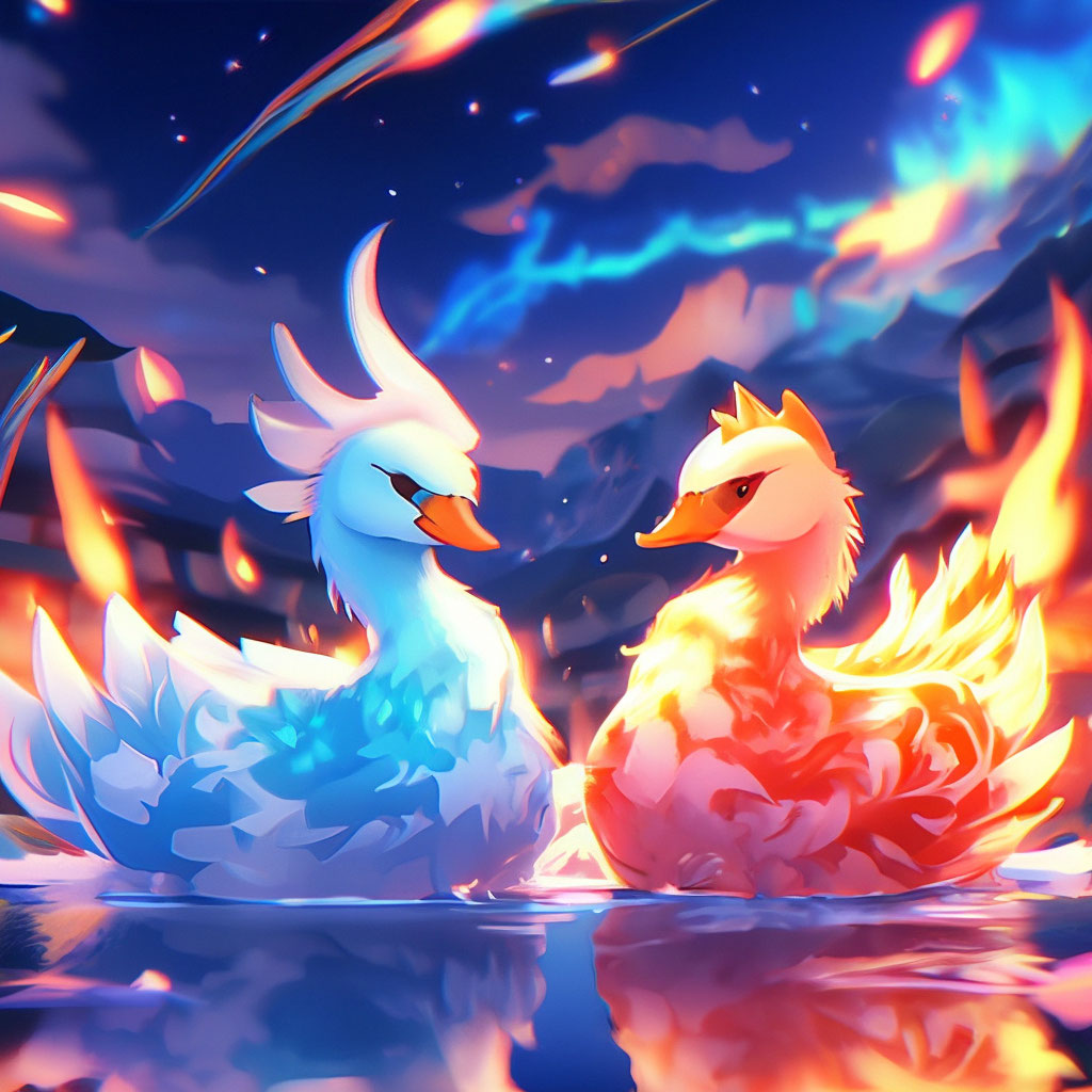 "Fire goose and ice goose, beautiful, magical, bright multicolored ...