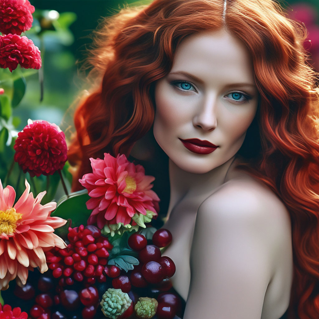 "Red currant and dahlias, beautiful woman, red hair, full-length photo ...