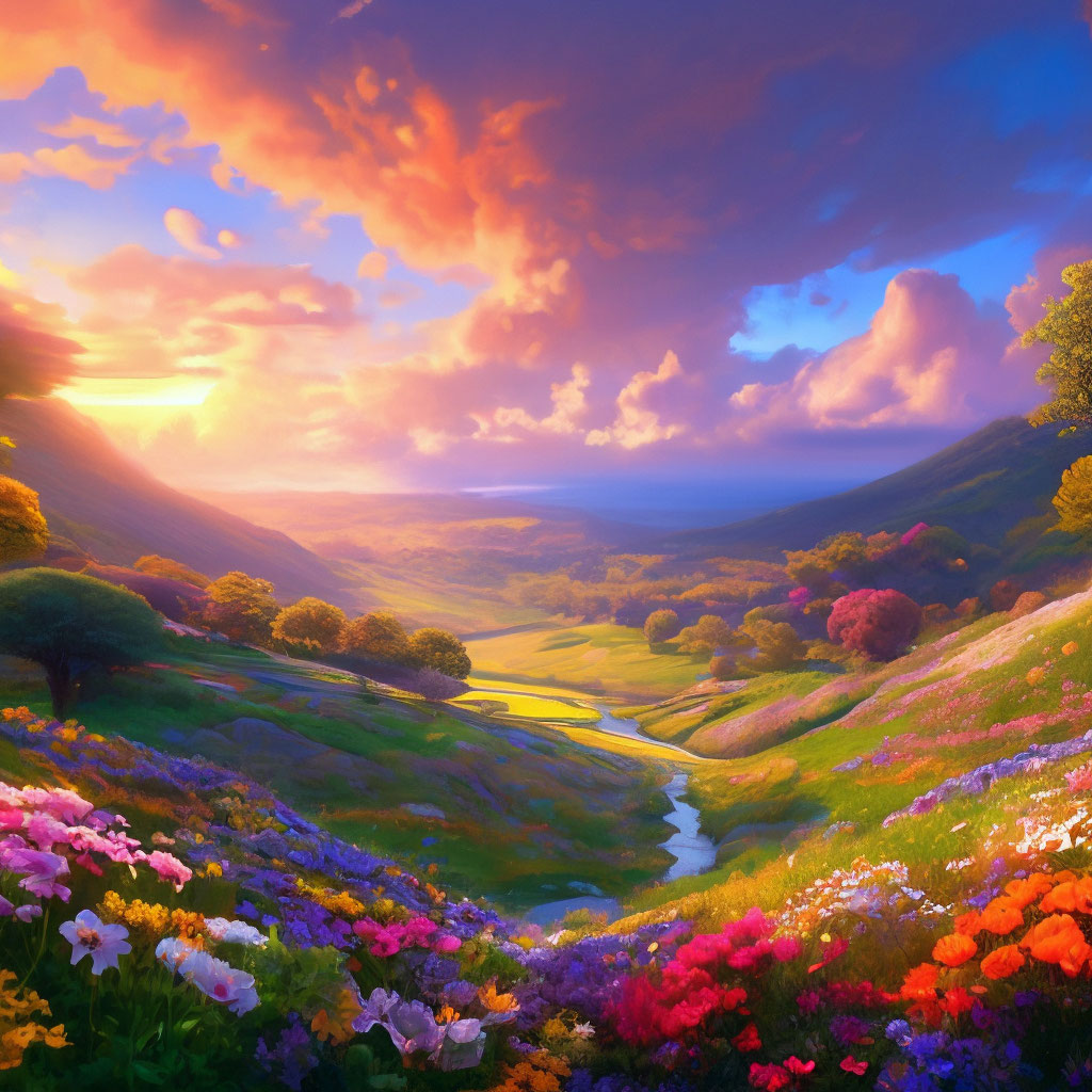 "Photorealism, fantasy, valley of variegated flowers, sunset, clouds ...