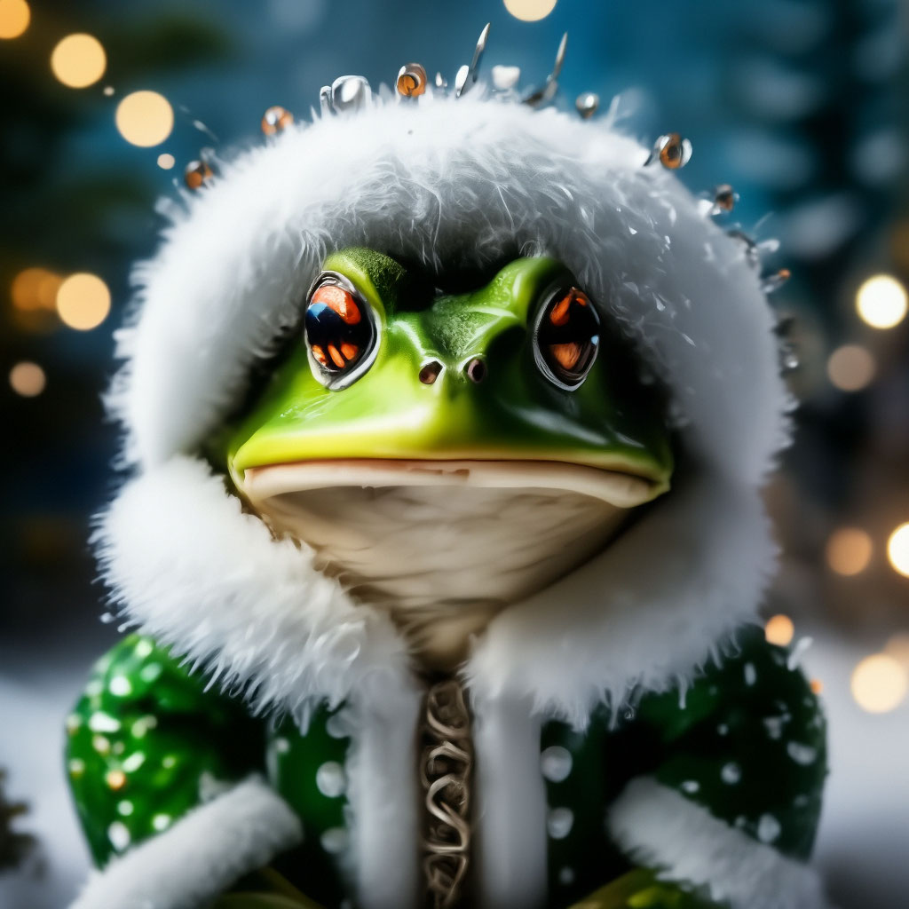 "A cheerful green toad in a Snow Maiden costume" — image created in ...