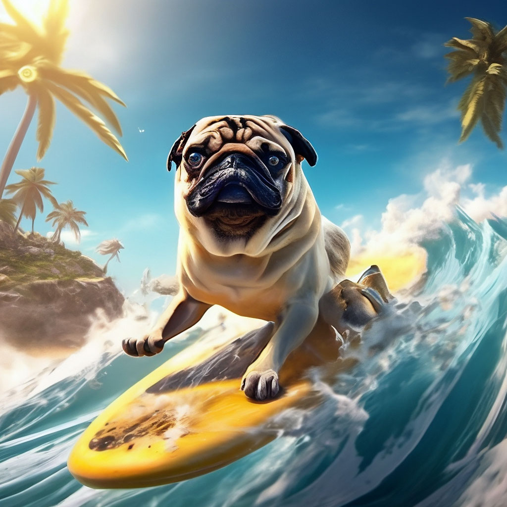"Funny anthropomorphic pug surfing cuts through the waves sunny weather ...