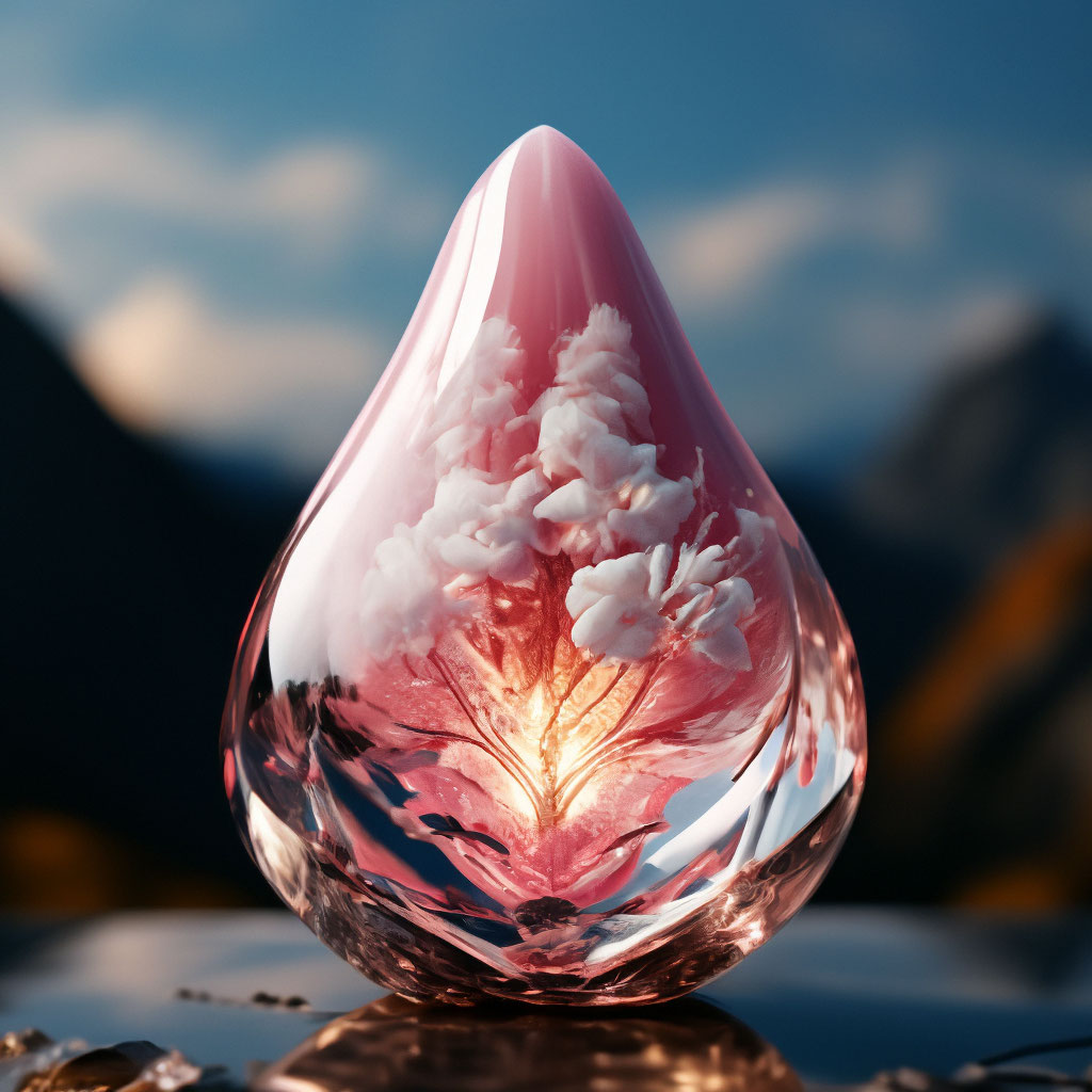 "An epic crystal pear with a blooming apple glowing inside, a complex ...