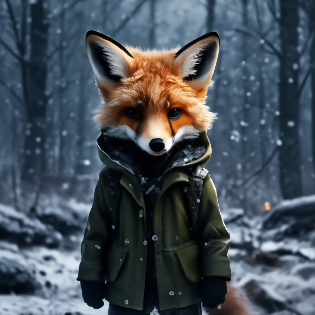 "Merry fox cub, winter forest, night,snow" — image created in Shedevrum