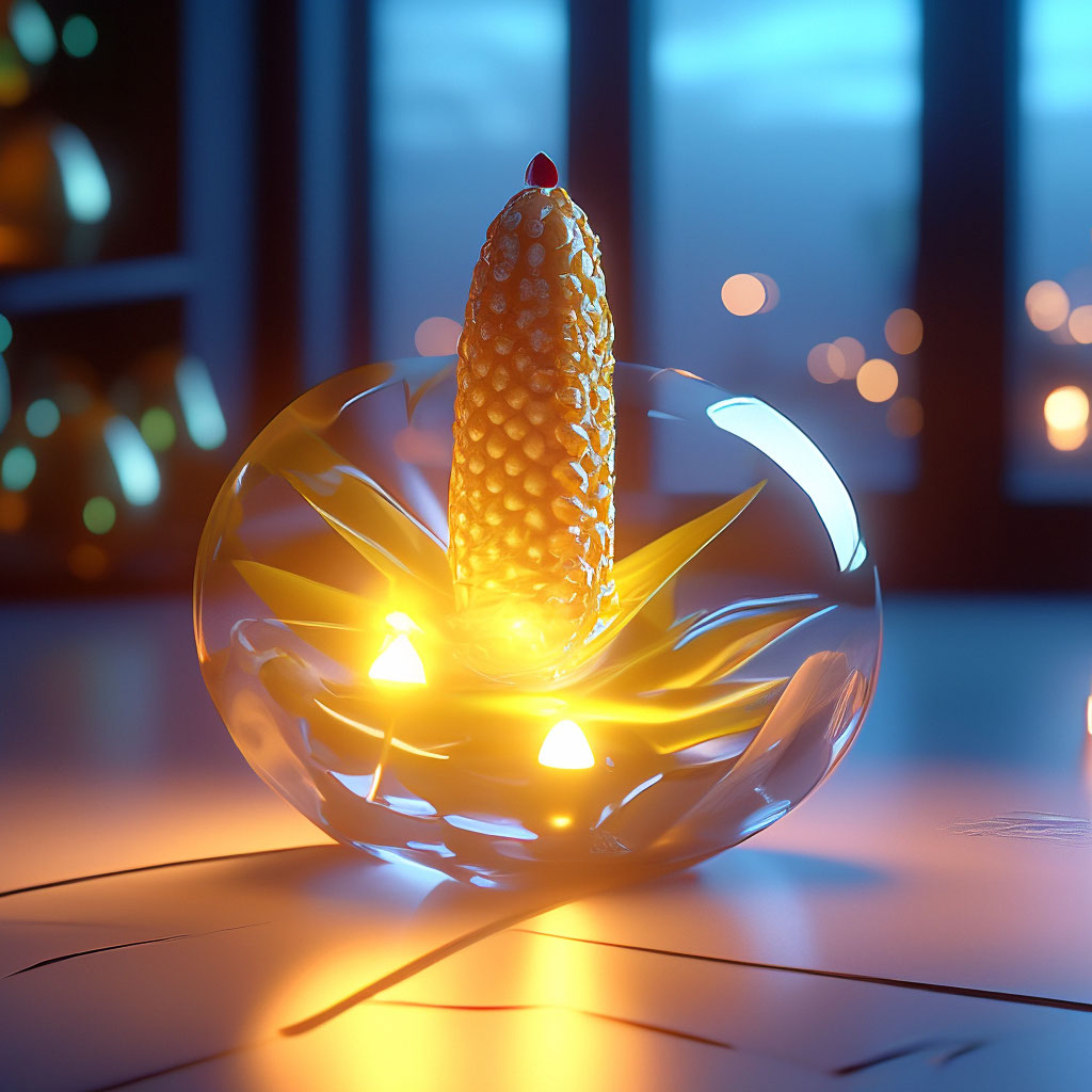 "Glass corn cob, shine around, glow from it" — image created in Shedevrum
