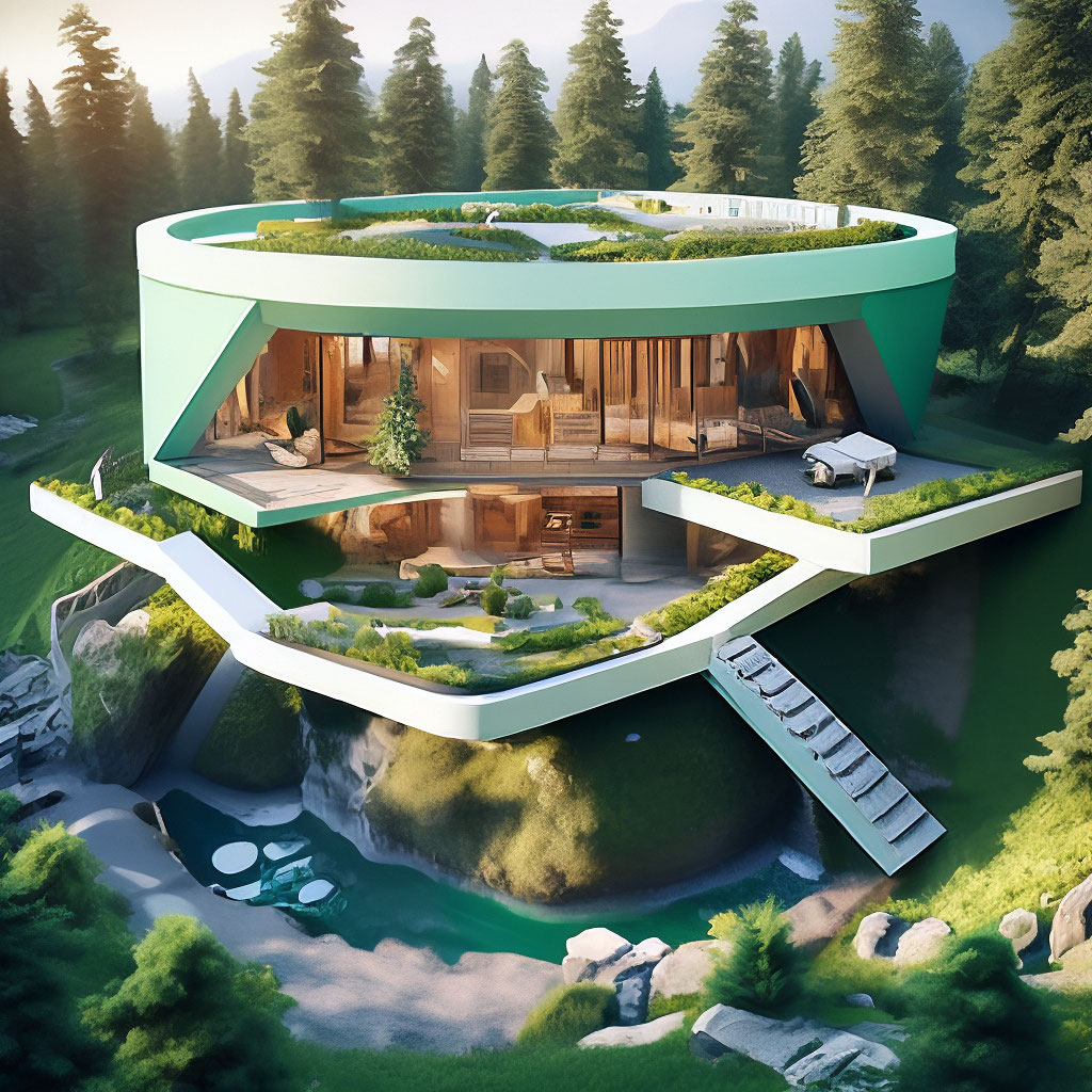 "Round house of square shape with triangular roof, weightless, color ...