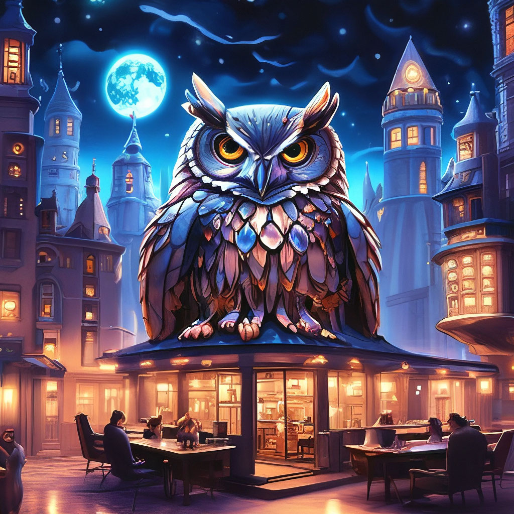 "Owl coffee shop in the night city" — image created in Shedevrum