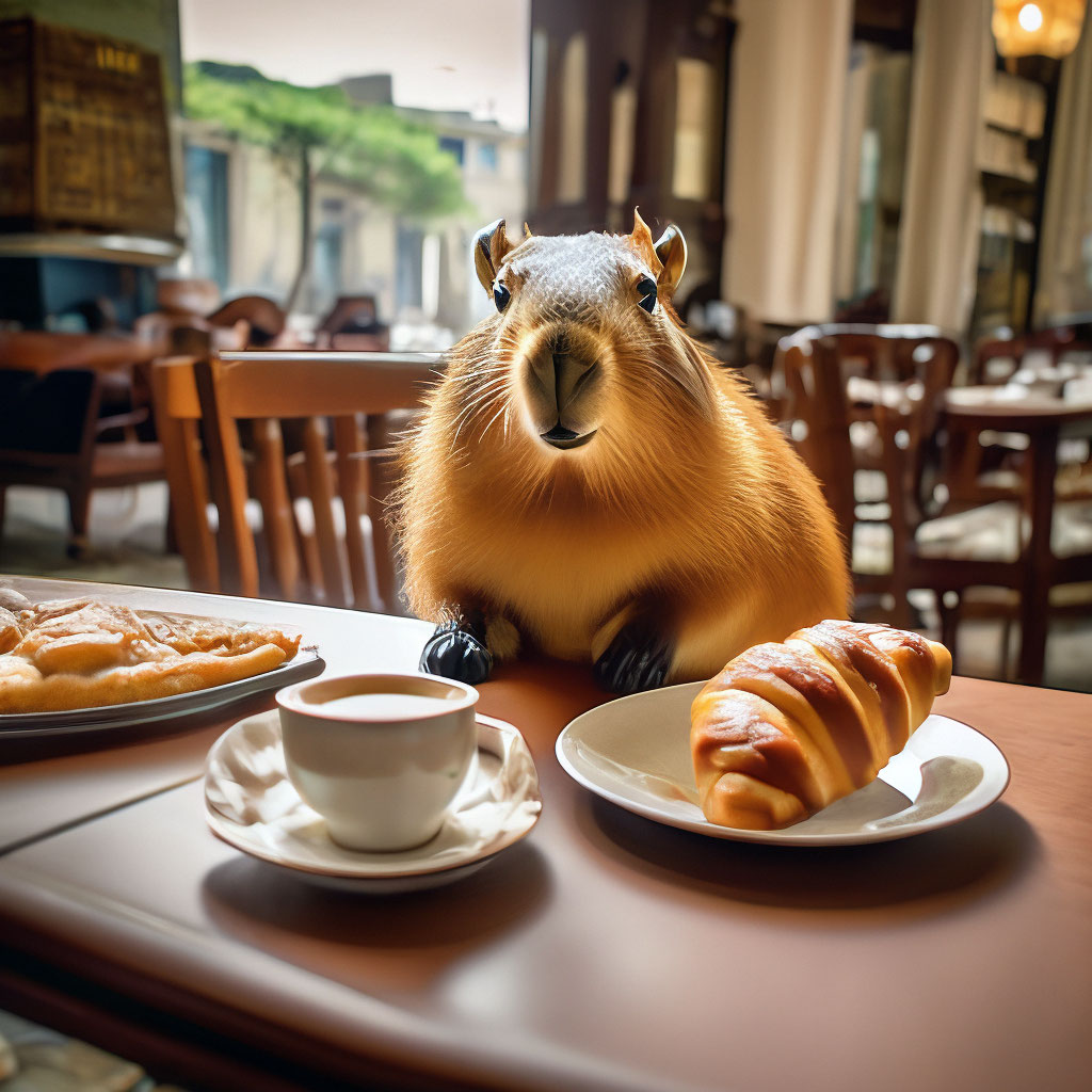 "Capybara with croissant and coffee honey" — image created in Shedevrum